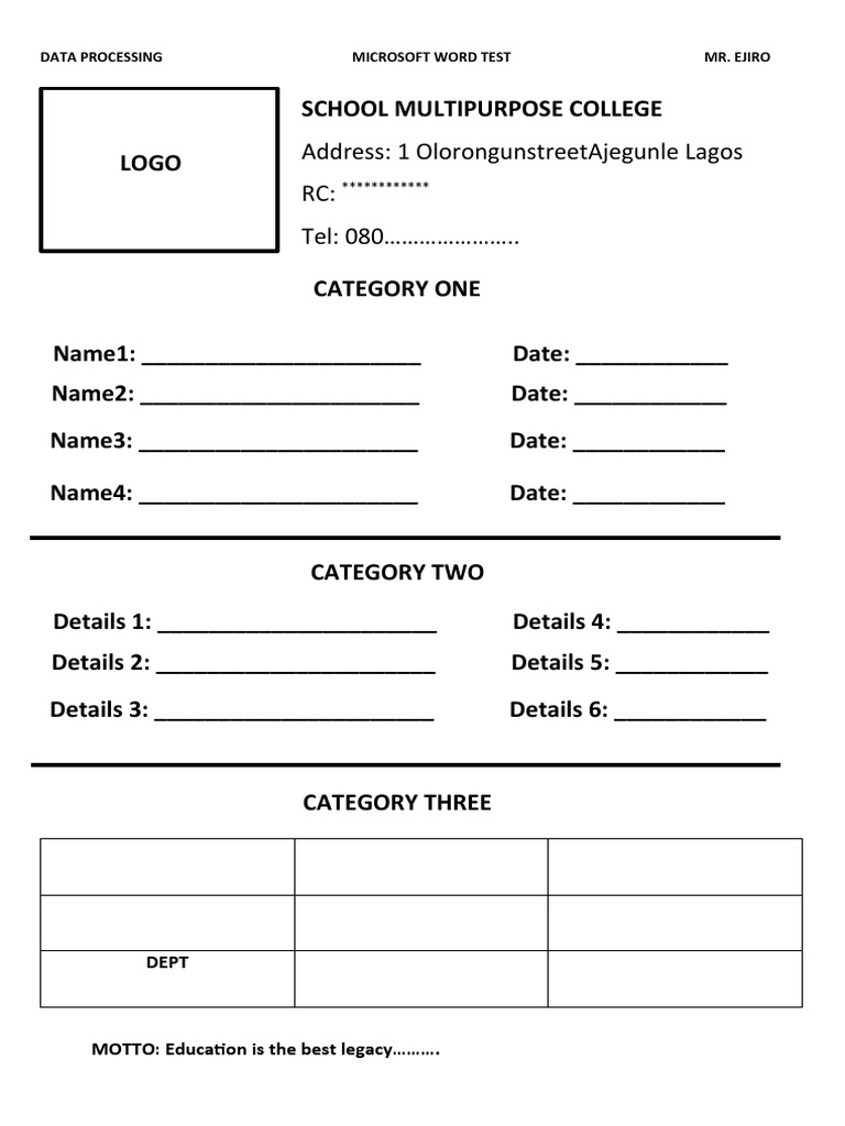 Ss3 Data Processing Practical And Test Of Practical Questions On Ms