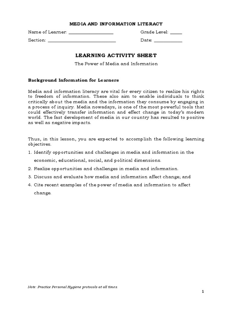 Learning Activity Sheet: Media and Information Literacy | PDF | Massive ...