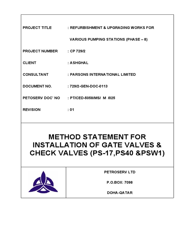 Valves Installation Method Statements | PDF | Valve | Screw