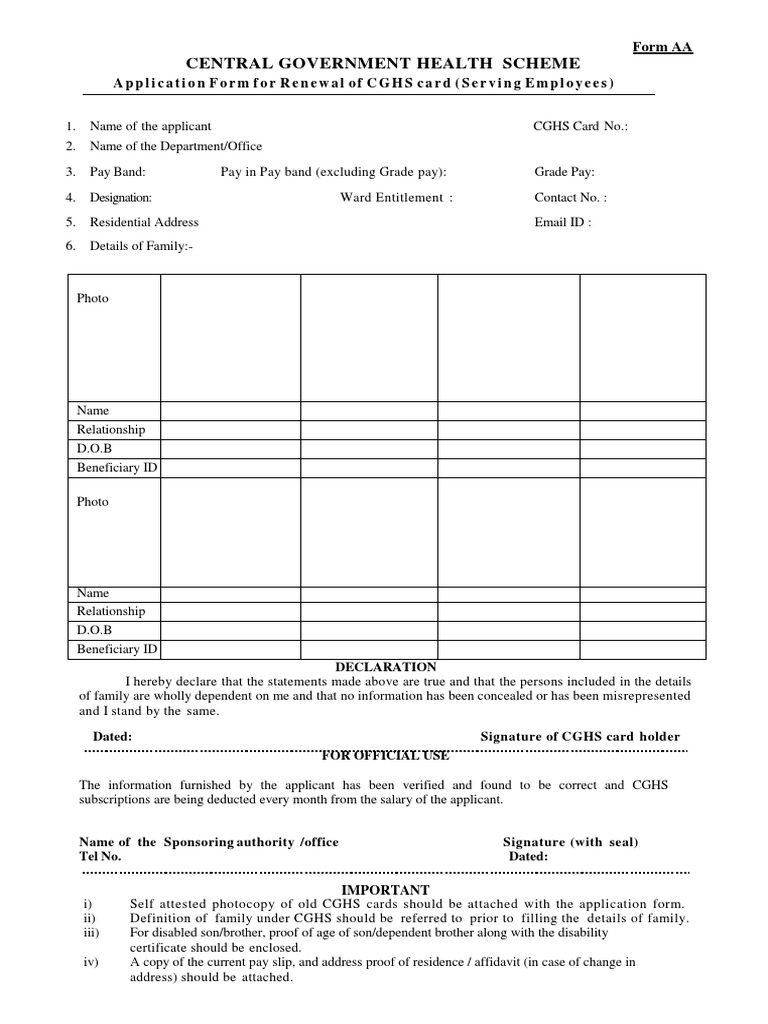 CGHS Card Renewal Application Form | PDF
