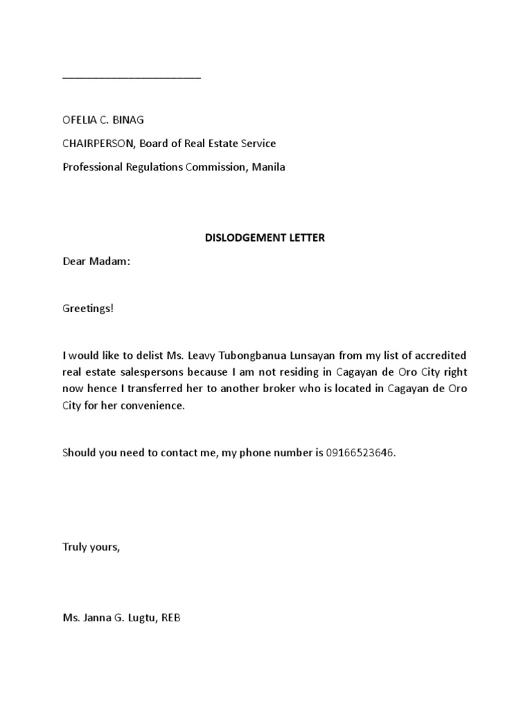 Dislodgement Letter | PDF