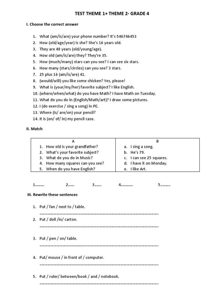 Test Theme 1+ Theme 2-Grade 4: I. Choose The Correct Answer | PDF