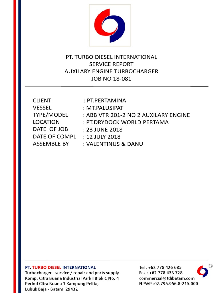 PT. Turbo Diesel International Service Report for Overhauling the No. 2 ...