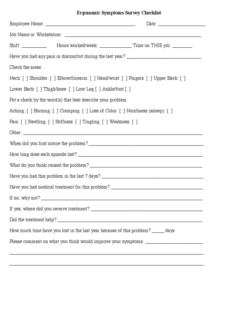 Ergonomic Symptoms Survey Checklist | PDF