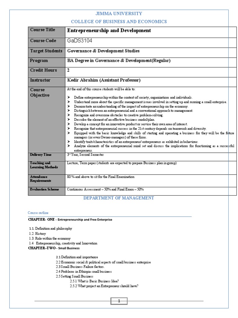 Entrepreneurship Course Outline | PDF | Entrepreneurship | Economies