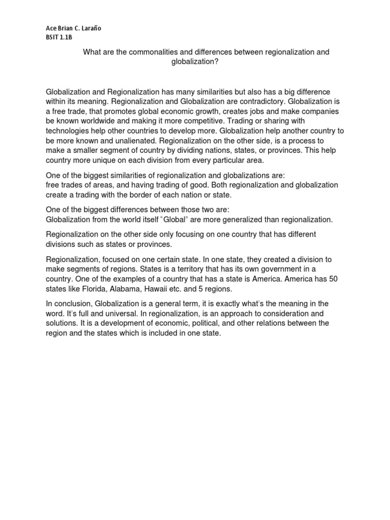 What Are The Commonalities and Differences Between Regionalization and Globalization | PDF