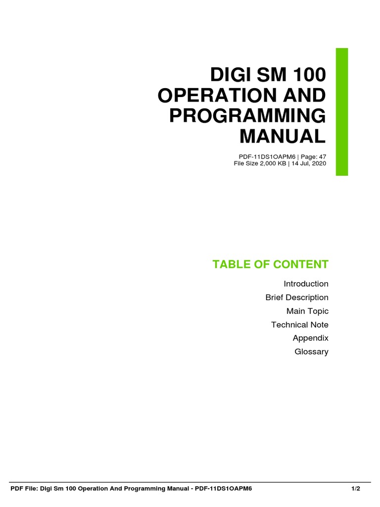 Digi SM 100 Operation and Programming Manual: Table of Content | PDF