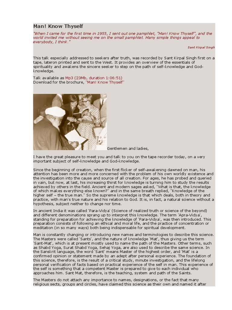 Mp3 (23Mb, Duration 1:06:51) "Man! Know Thyself" | PDF | Karma | Spirituality