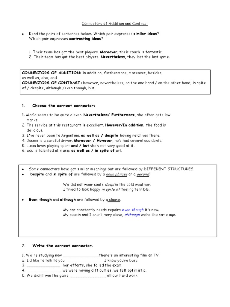 Connectors of Addition and Contrast | PDF