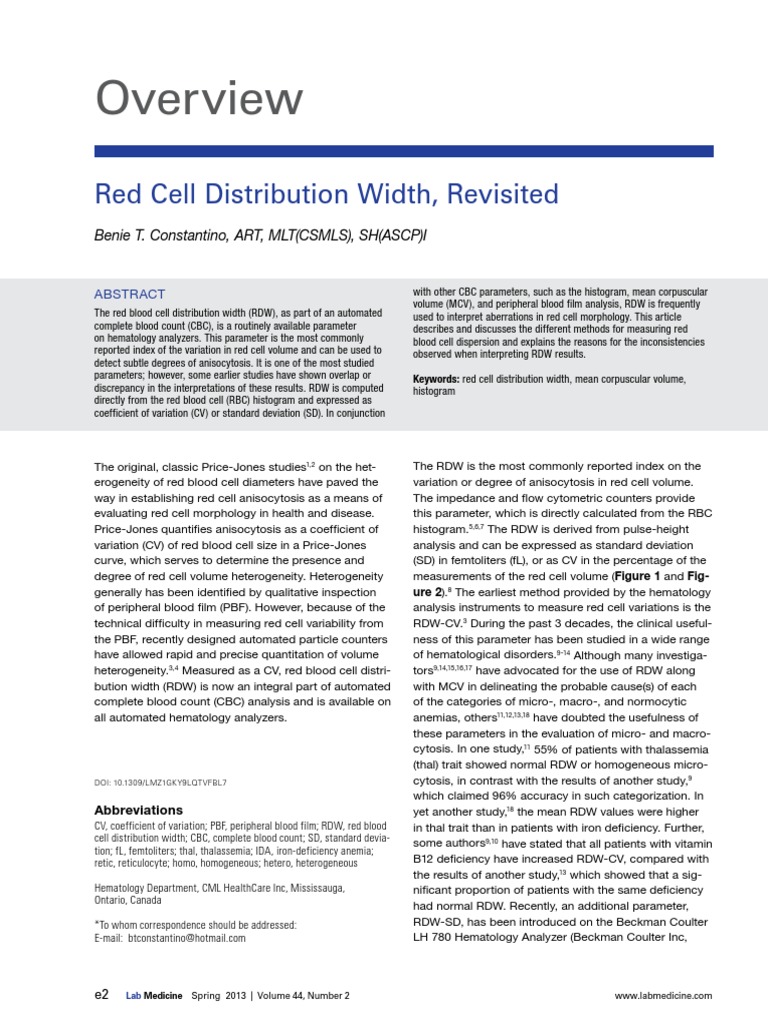 Red Cell Distribution Width | PDF | Anemia | Coefficient Of Variation