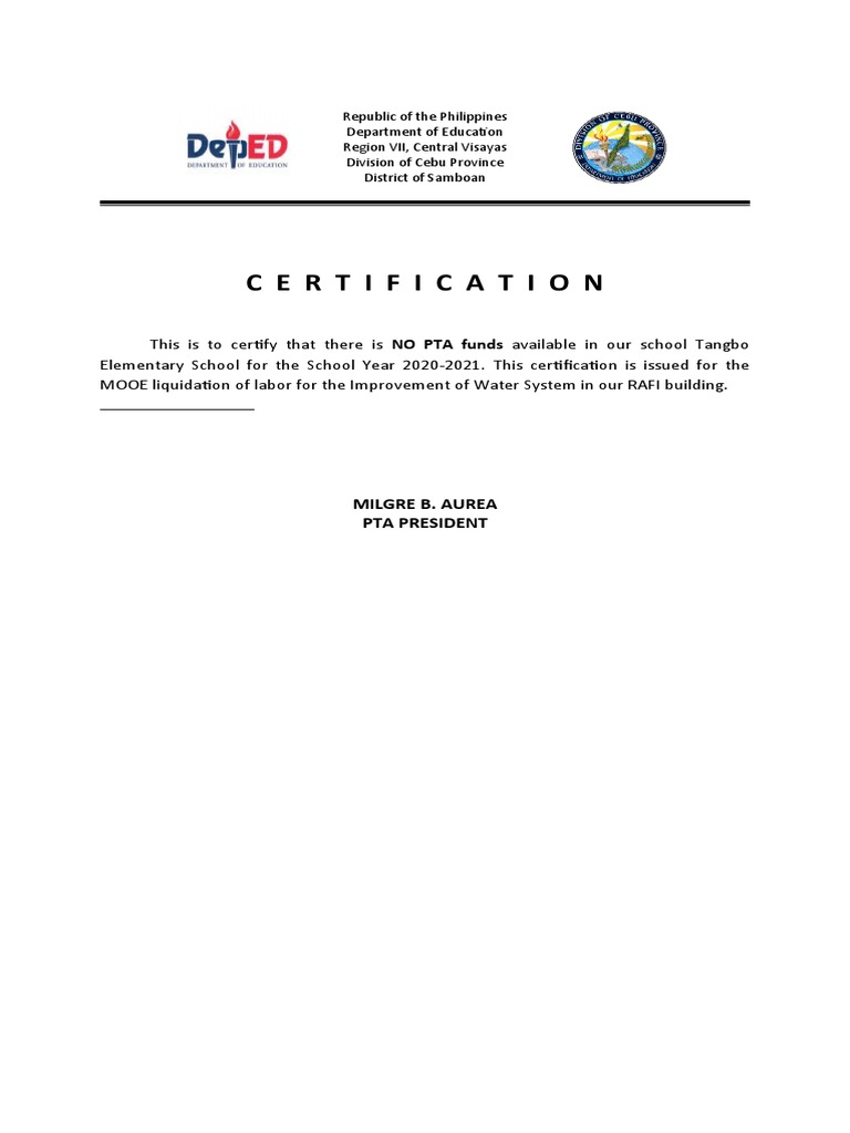 Cert For No Pta Funds | PDF | Business | Further Education