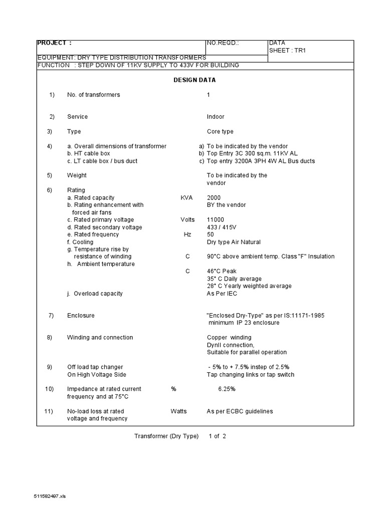 Specification for a 2000 KVA, 11/0.433 kV Dry Type Distribution ...
