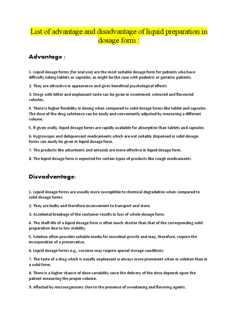 Advantages and Disadvantages of Liquid Dosage Forms | PDF | Self ...