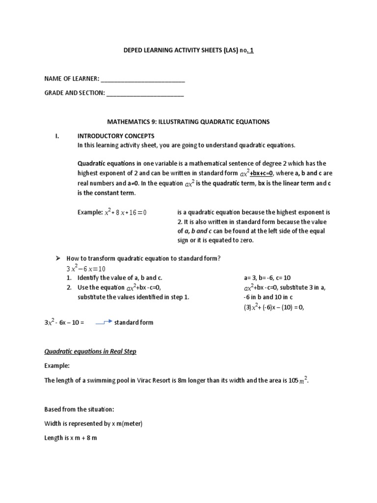 MATH 9 ACTIVITY SHEETS 1st QUARTER | PDF | Area | Equations