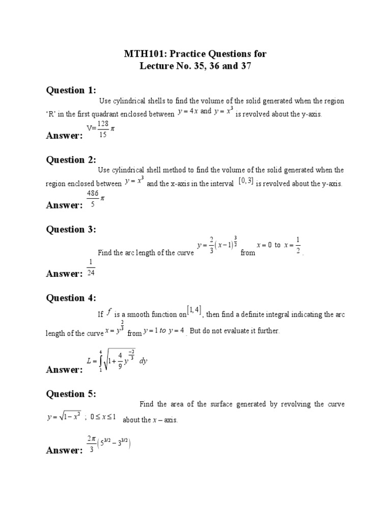 MTH101: Practice Questions For Lecture No. 35, 36 and 37: y X y X | PDF