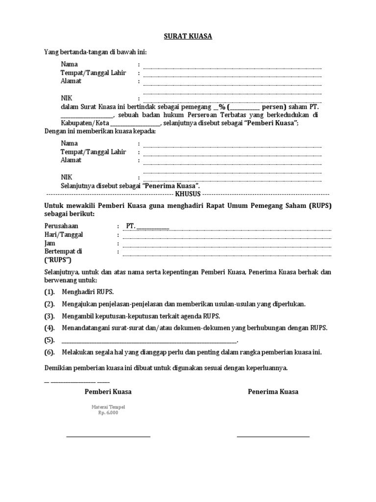 Surat Kuasa Menghadiri-RUPS | PDF | Pengelolaan Keuangan & Uang