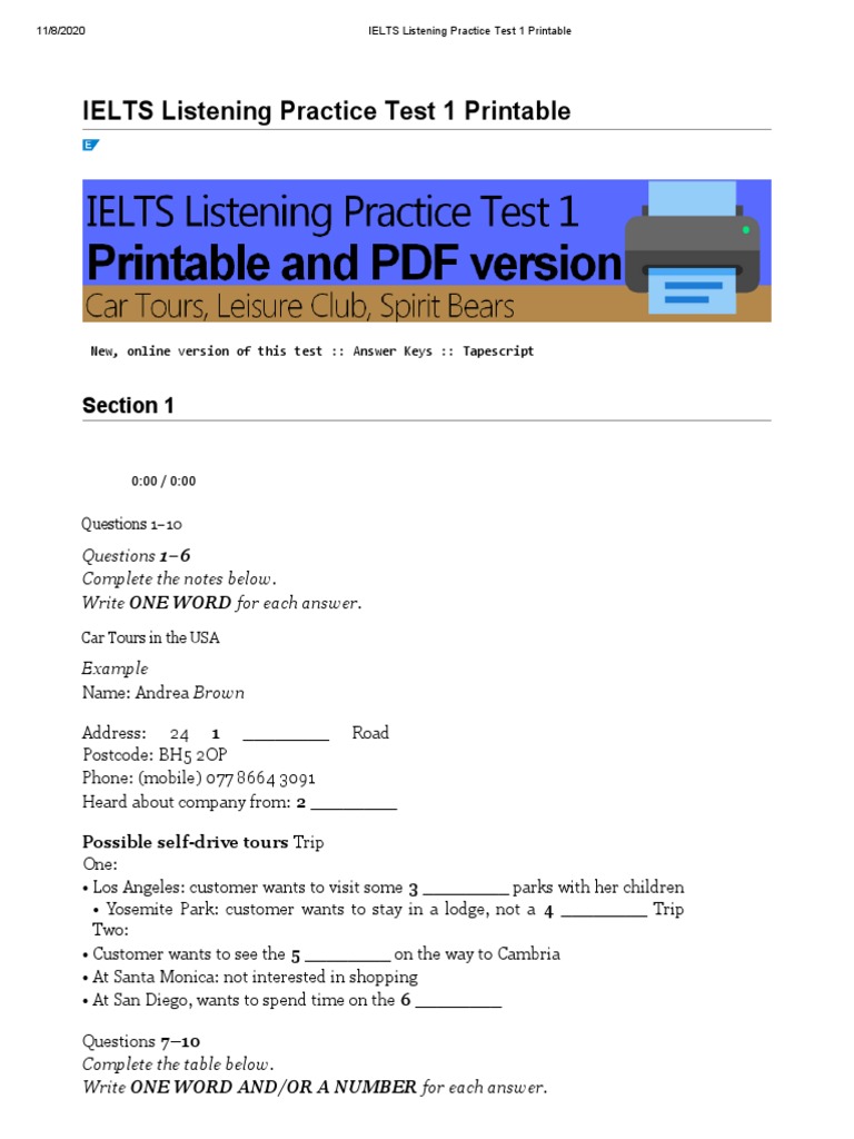 IELTS Listening Practice Test 1 Printable | PDF | International English ...