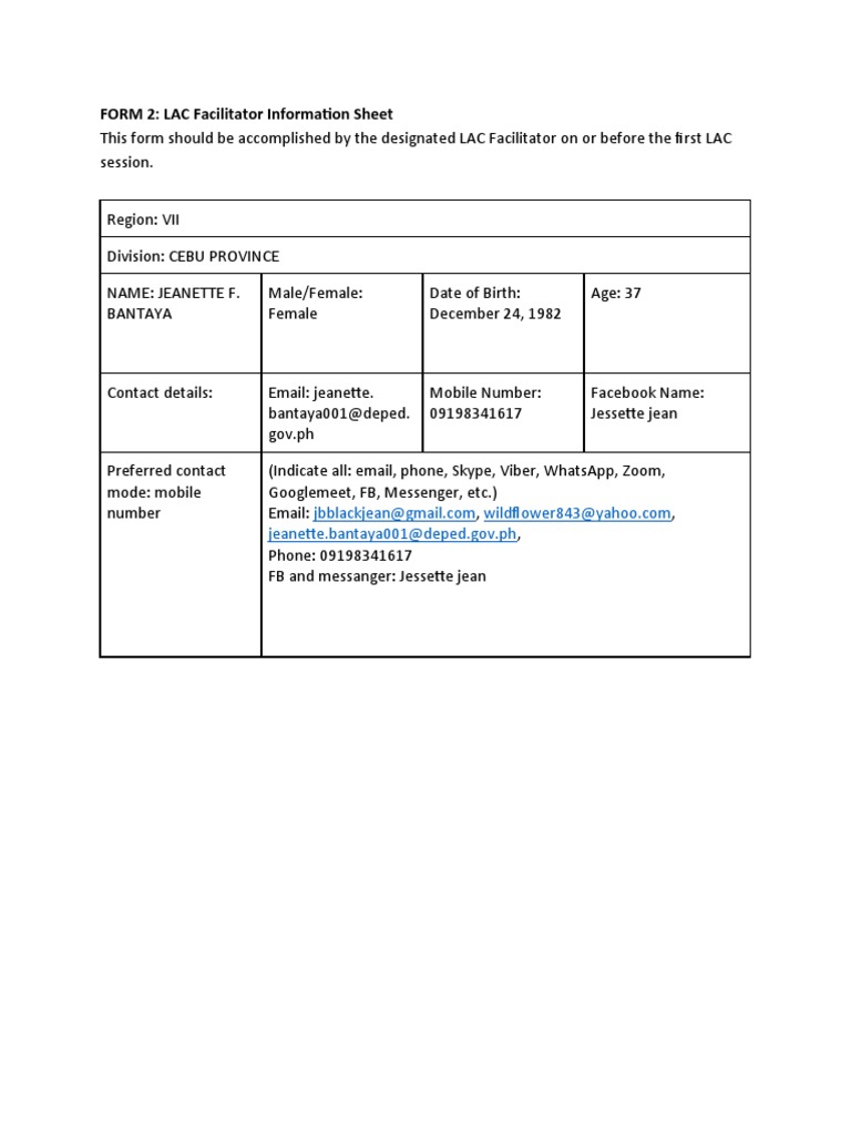 Form 2. LAC Facilitator Information Sheet | PDF