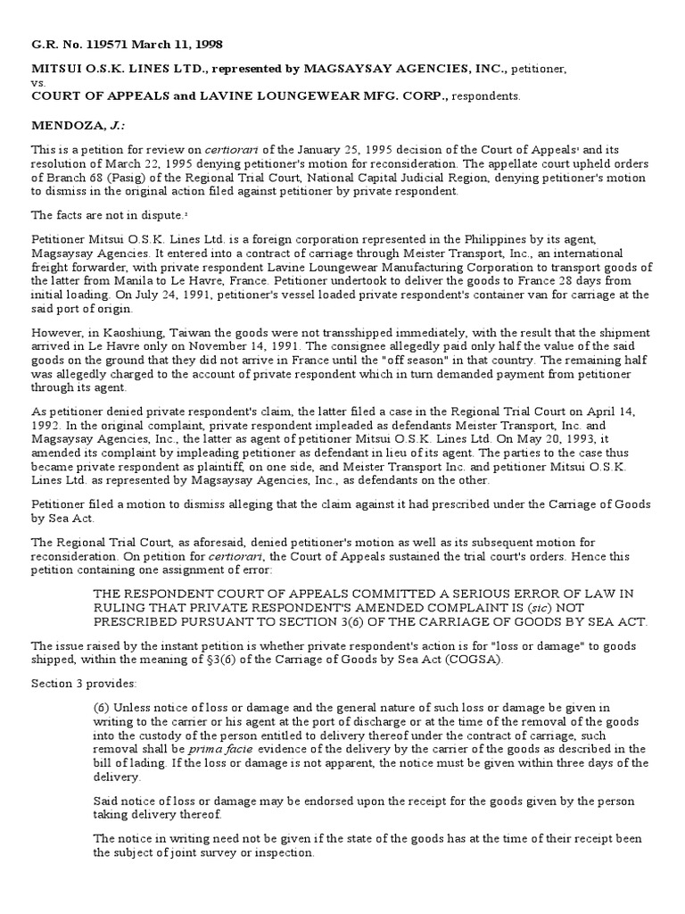 16 Mitsui OSK Lines Vs CA | PDF | Complaint | Damages