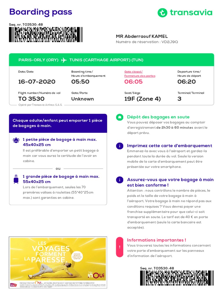 Transavia Boardingpass ORYTUN TO3530 | PDF | Aviation | Transport