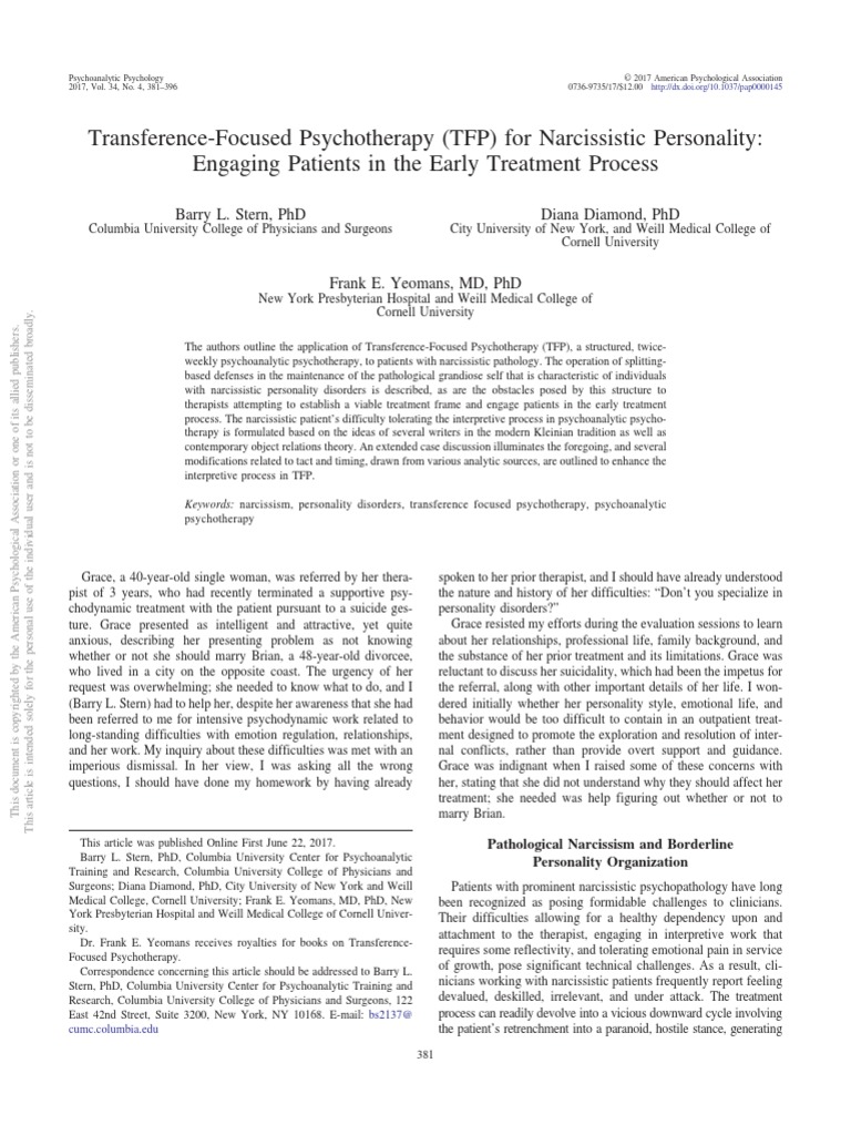 Transference-Focused Psychotherapy (TFP) For Narcissistic Personality ...