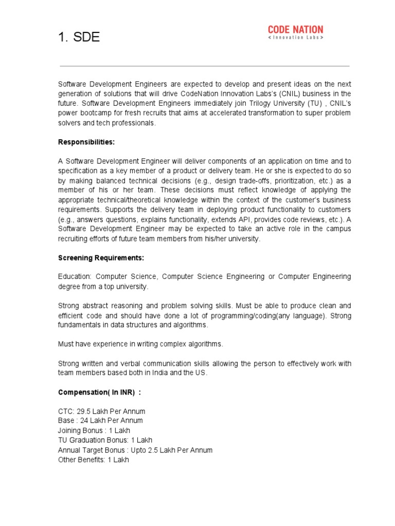 SDE and SDE Intern Job Description | PDF