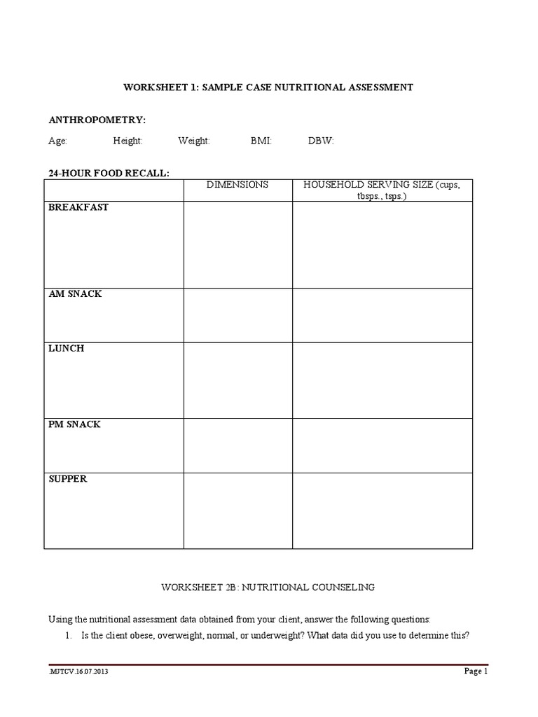 Worksheet 1 - Sample Case Nutritional Assessment | PDF | Meal | Weight ...