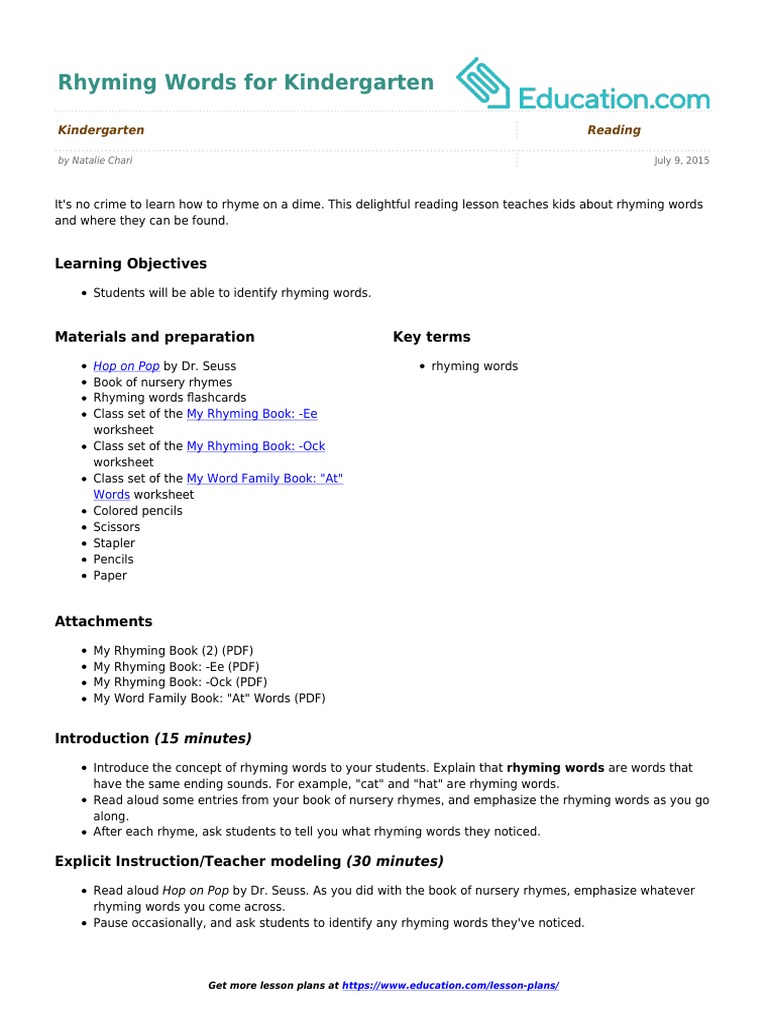 Rhyming Words For Kindergarten: Learning Objectives | PDF | Rhyme ...