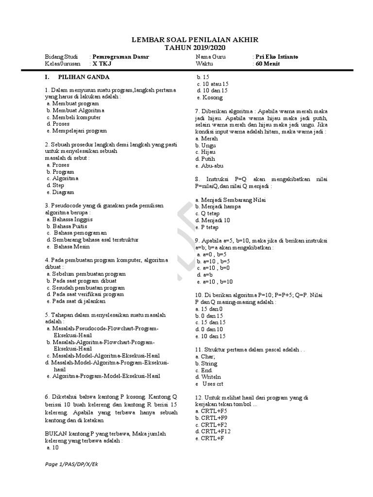 Soal Pas X Dasar Pemrograman | PDF