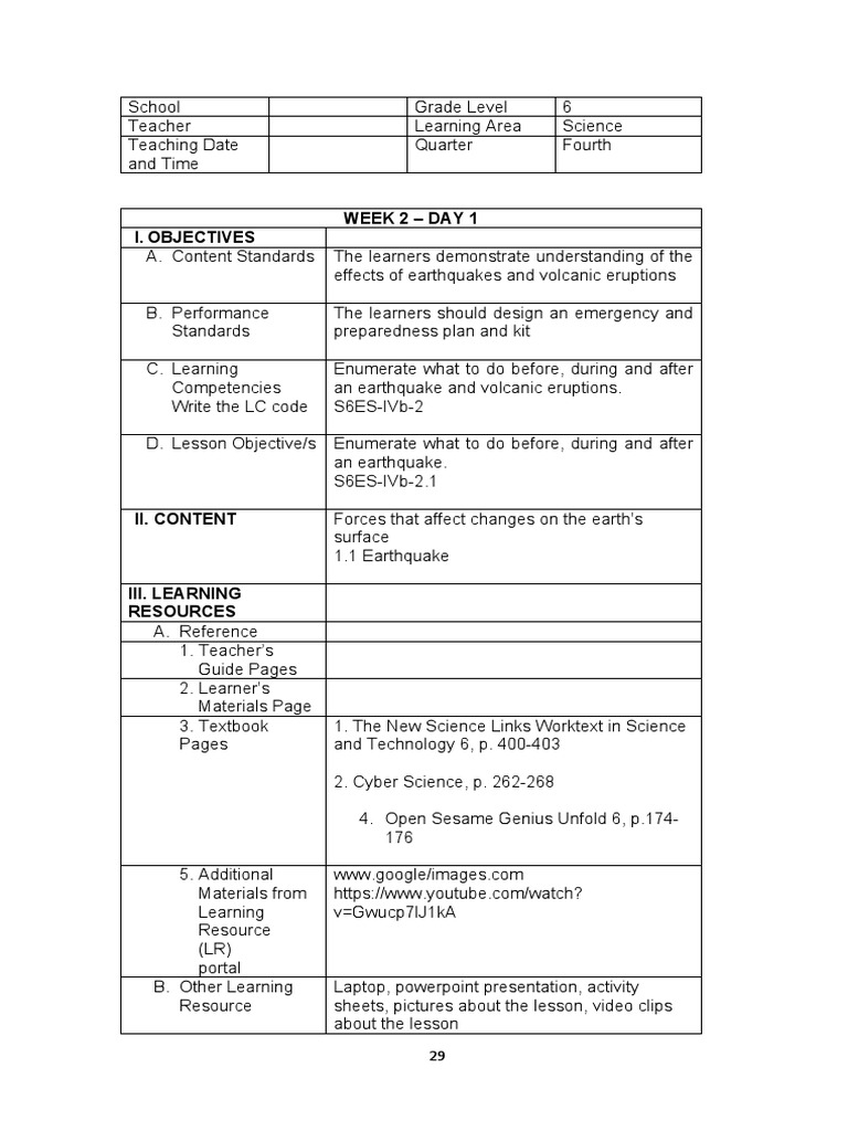 DLL Grade 6 Fourth Quarter Week 2 Day 1 | PDF | Educational Psychology ...