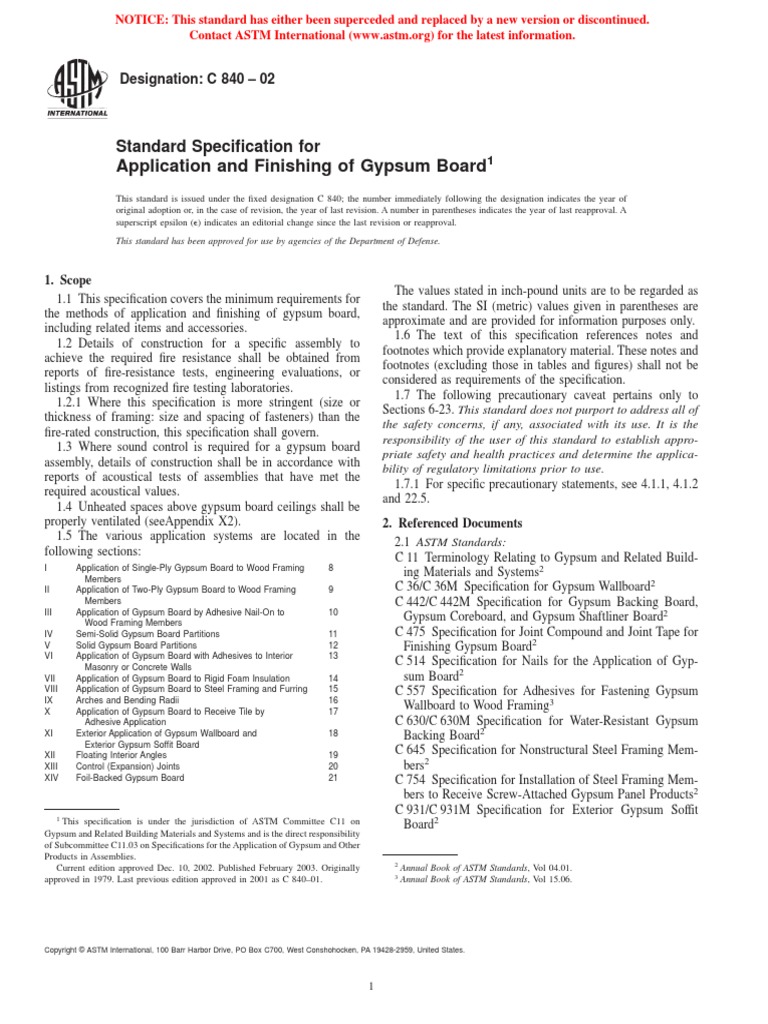 Application and Finishing of Gypsum Board: Standard Specification For ...