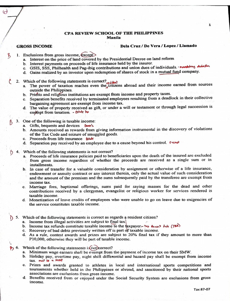 Cpar Manila Gross Income With Answers | PDF