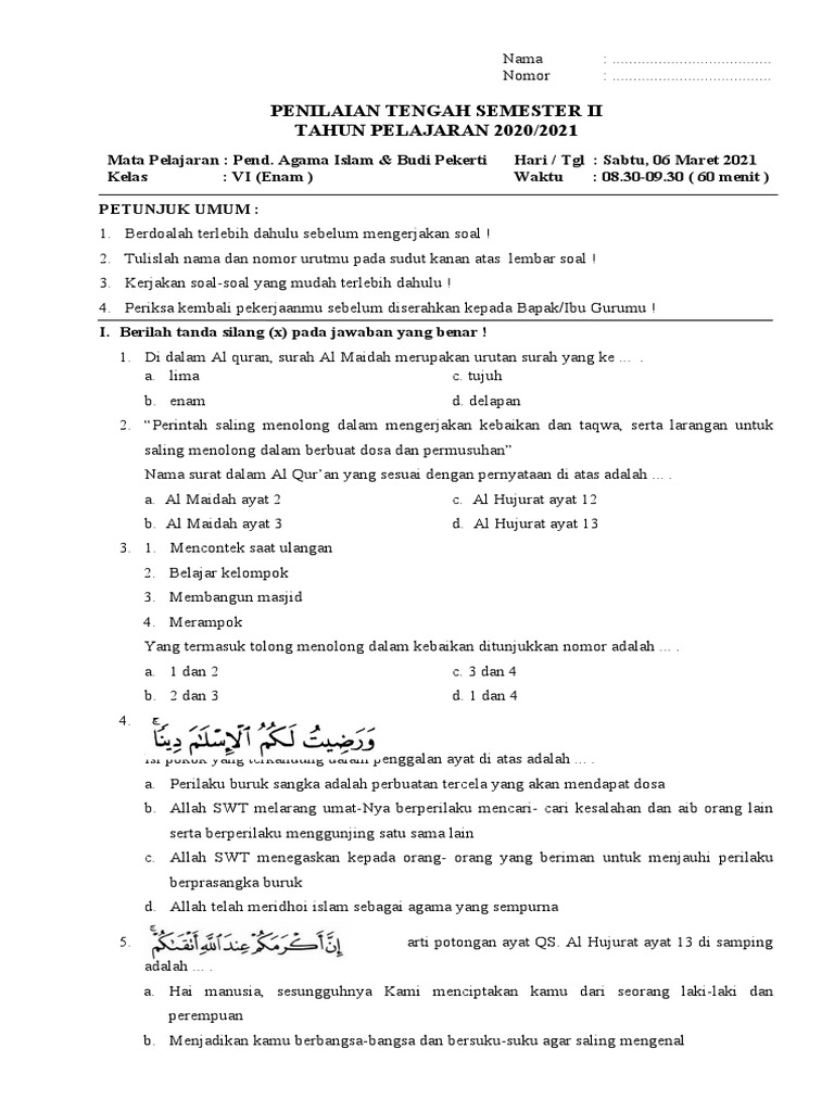 PTS II Kelas 6 | PDF