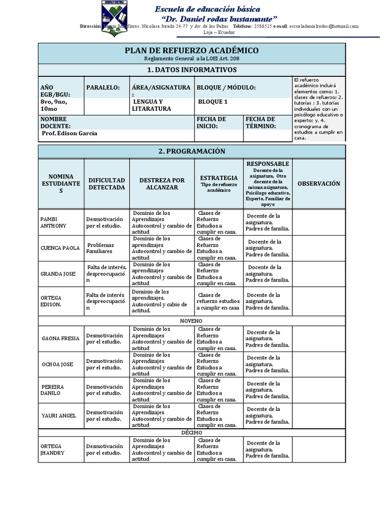 Plan de Refuerzo Academico | PDF | Teoría de la educación | Cognición Plan de Refuerzo Academico | PDF | Teoría de la educación | Cognición
