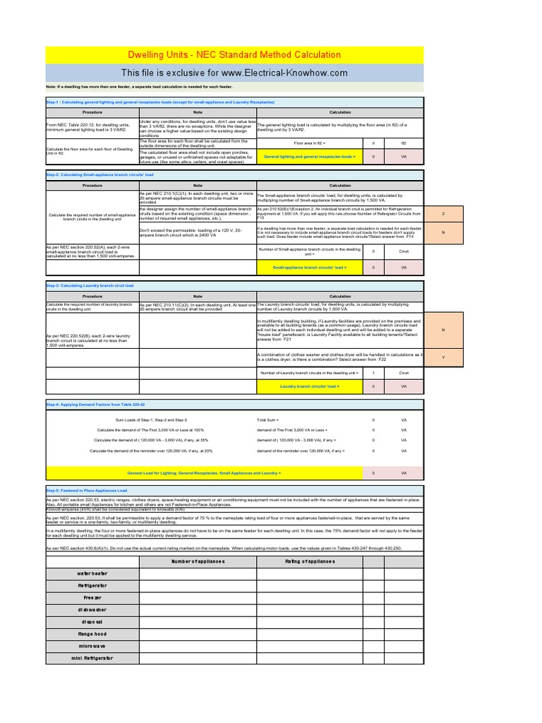 Dwelling Units - NEC Standard Method Calculation | PDF | Electric Motor ...