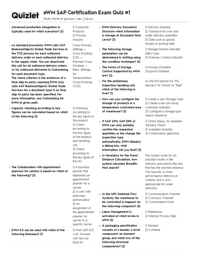 eWM SAP Certification Exam Quiz #1 | Download Free PDF | Warehouse ...