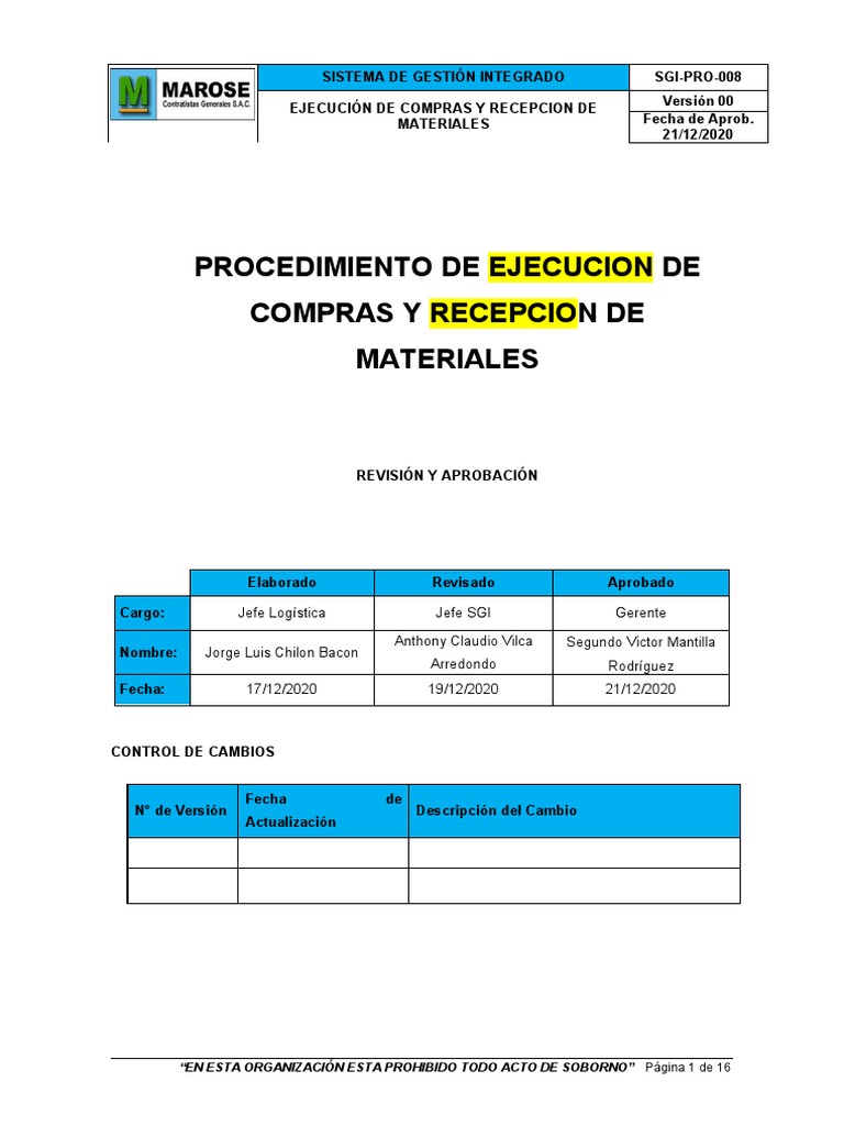 Sgi-Pro-008 Procedimiento de Ejecucion de Compras y Recepcion de Materiales 02 | PDF | Logística ...