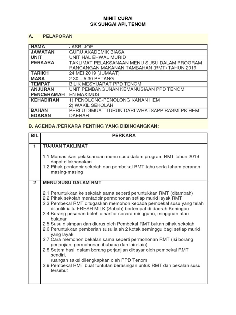 Minit Curai Taklimat Pelaksanaan Susu Dalam RMT | PDF