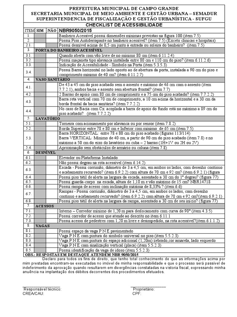Checklist de Acessibilidade NBR 9050-2015 | PDF | Transporte ...
