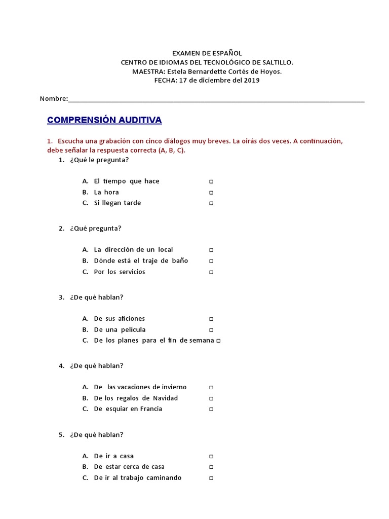 Exámen de Español A2 | PDF