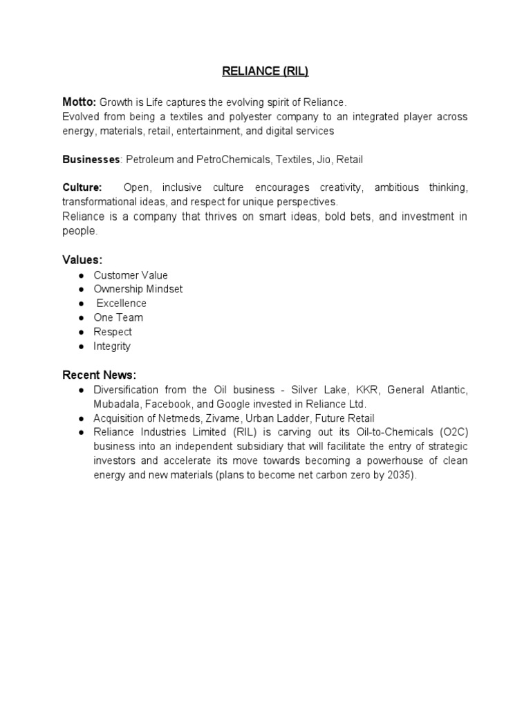 Reliance (Ril) Motto:: Growth Is Life Captures The Evolving Spirit of ...