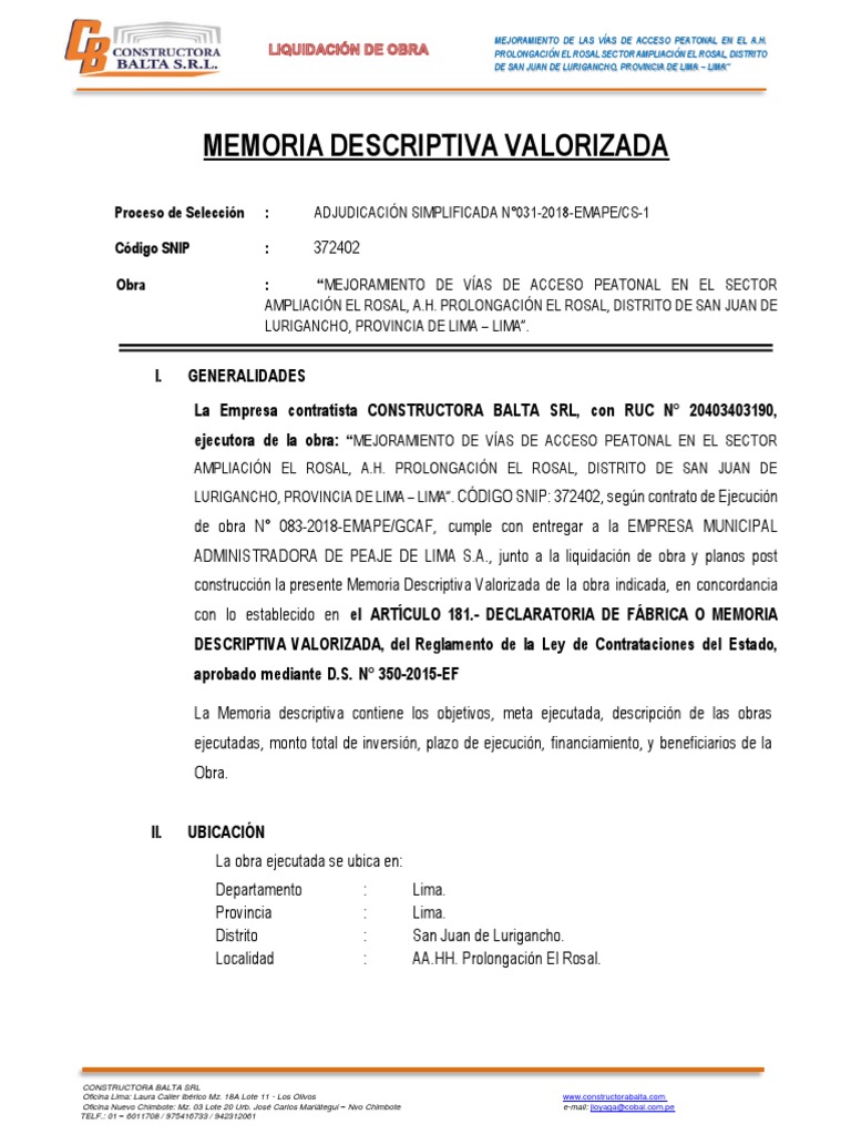 Memoria Descriptiva Valorizada | PDF | Hormigón | Lima