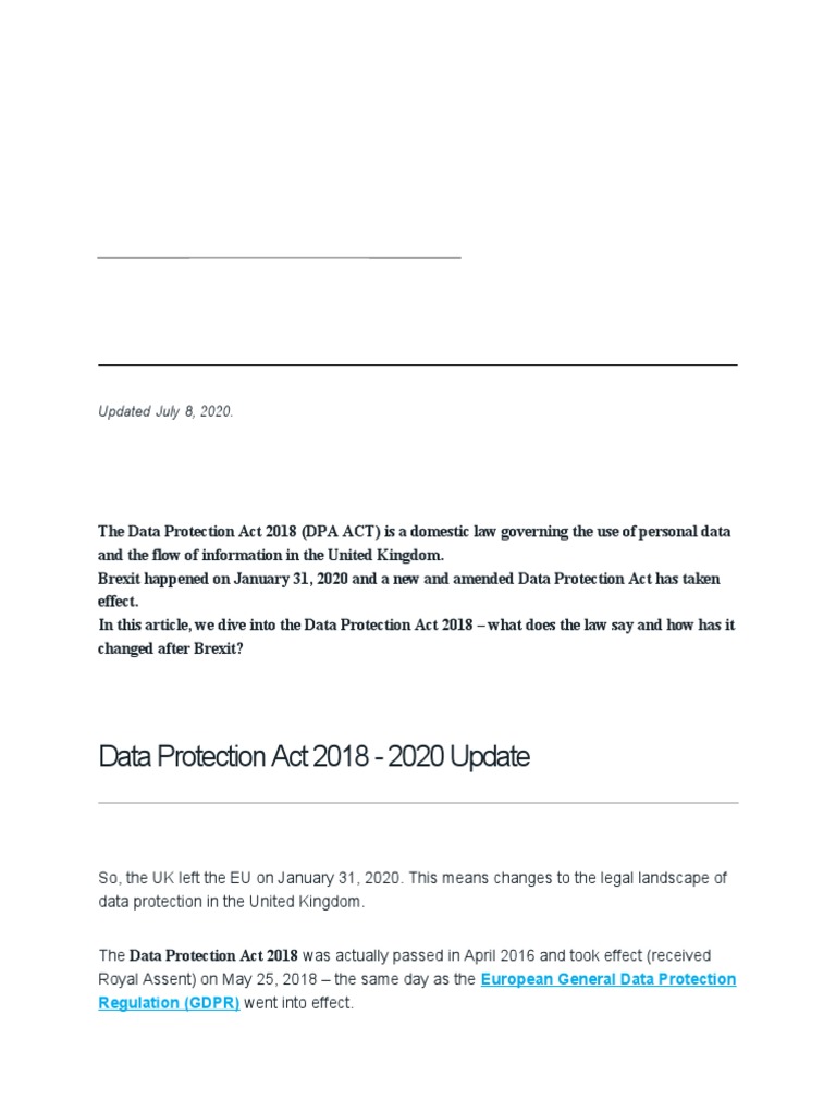 UK Data Protection Act 2018 (DPA ACT) - 2020 Update | PDF | Information ...