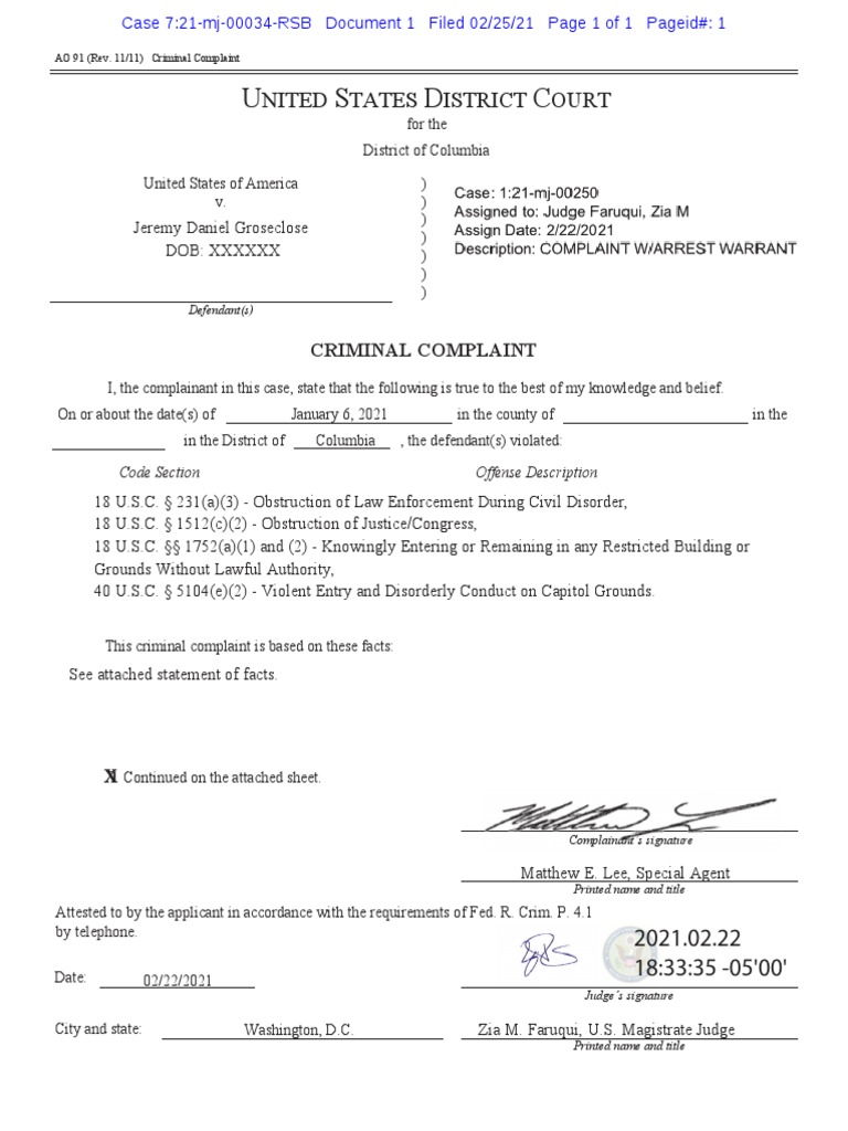 Criminal Complaint: Jeremy Groseclose | PDF | United States Senate ...