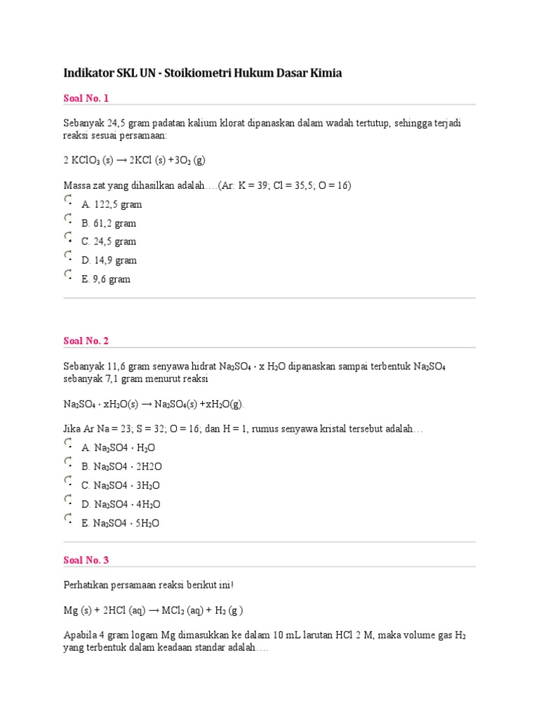 Indikator SKL UN - Stoikiometri Hukum Dasar Kimia | PDF