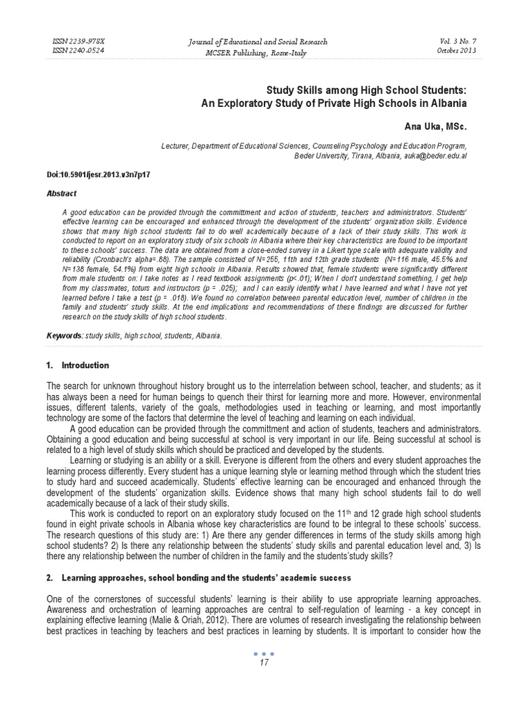 Study Skills in Albanian High Schools | PDF | Study Skills | Survey ...