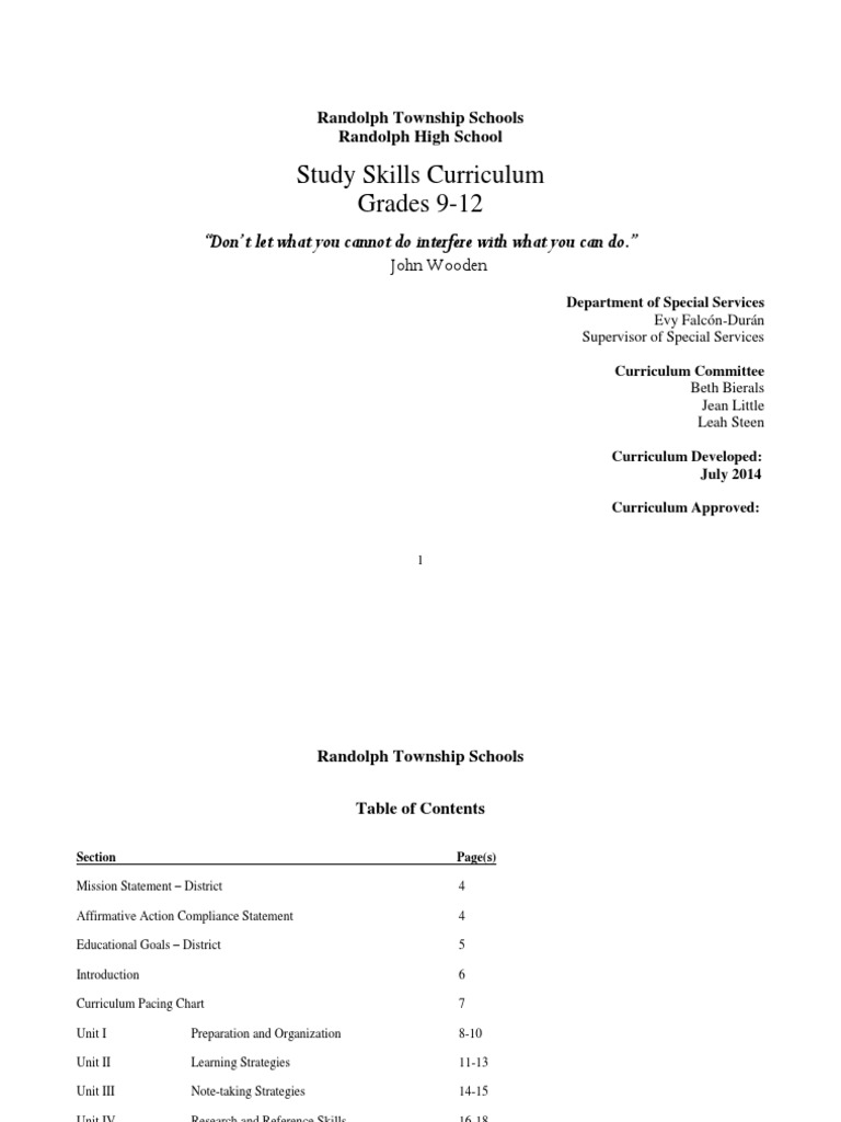 Study Skills Curriculum Grades 9-12 | PDF | Study Skills | Test ...