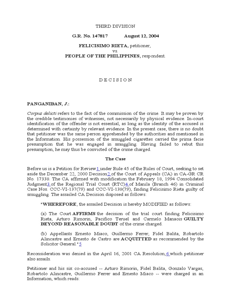 G.R. No. 147817 August 12, 2004 FELICISIMO RIETA, Petitioner, People of ...