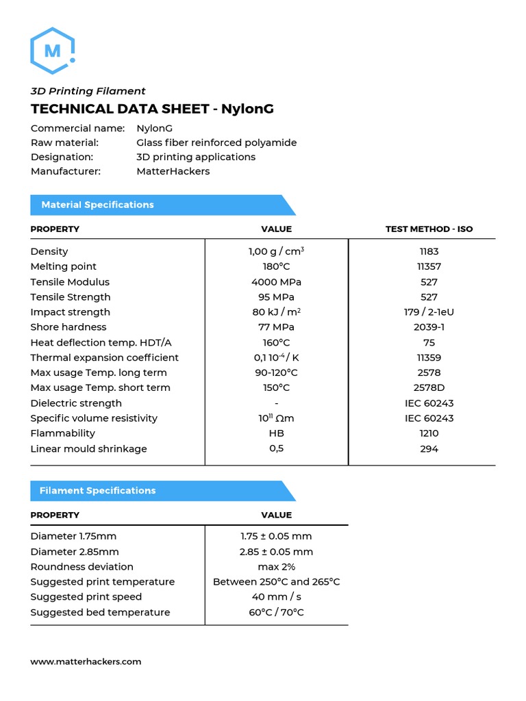 Technical Data Sheet - Nylong: 3D Printing Filament | PDF