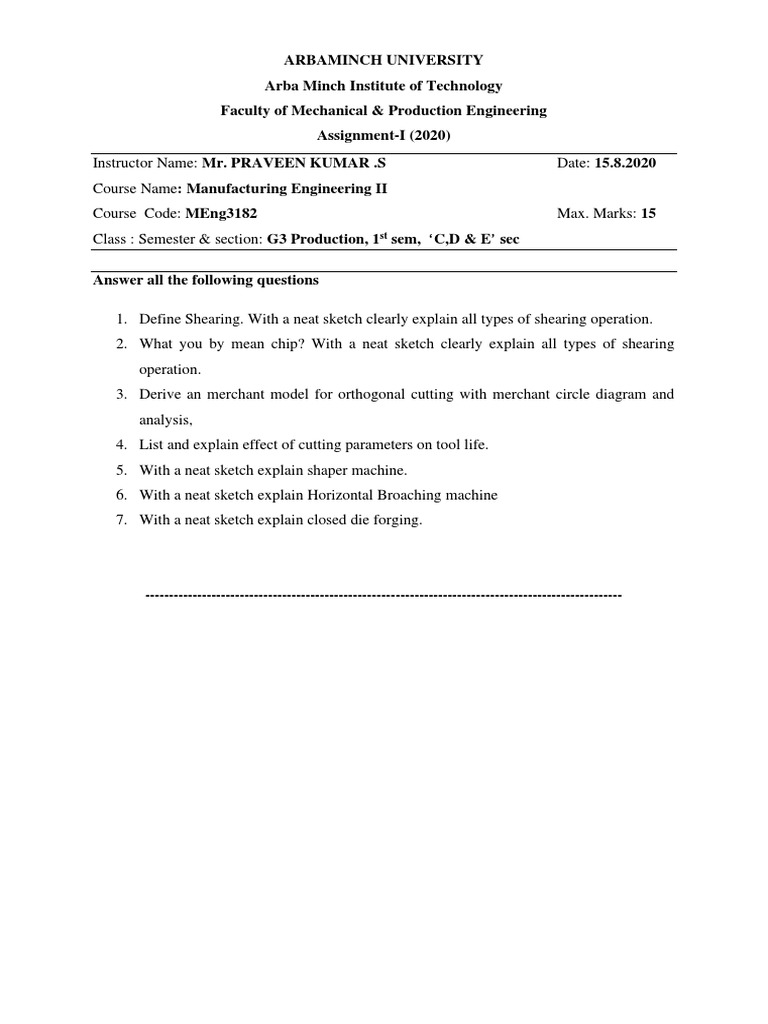 Arbaminch University Arba Minch Institute of Technology Faculty of Mechanical & Production ...